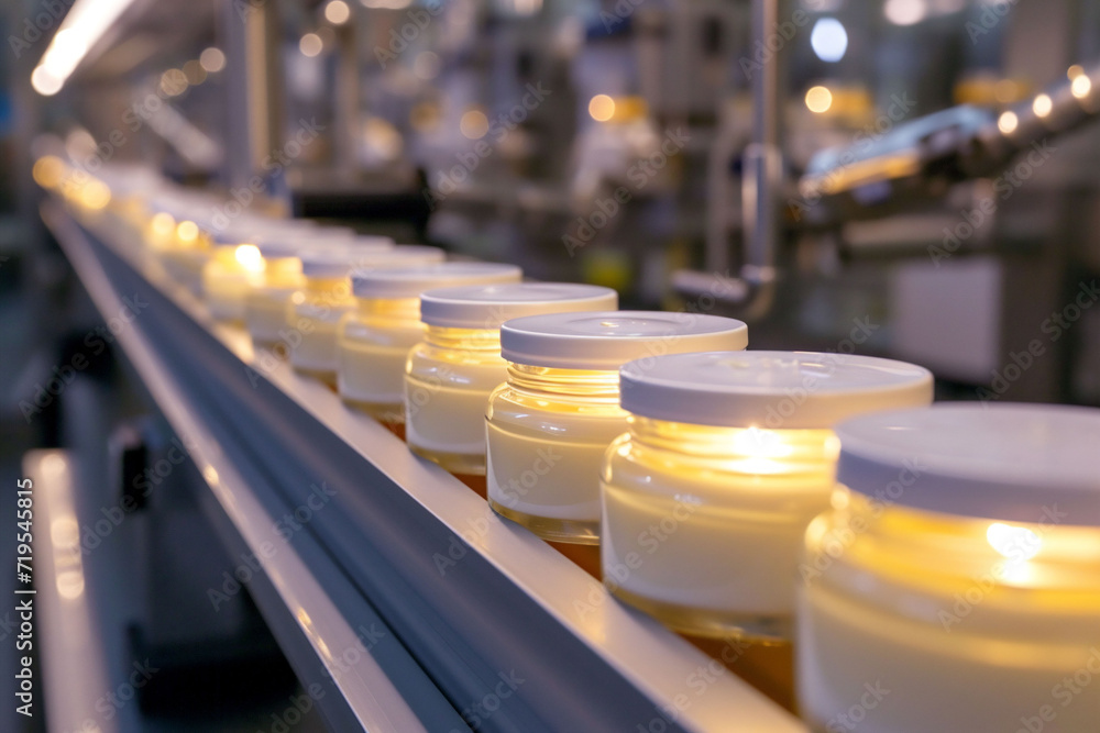 Skincare cream jars with golden caps are lined up on a conveyor belt in ...