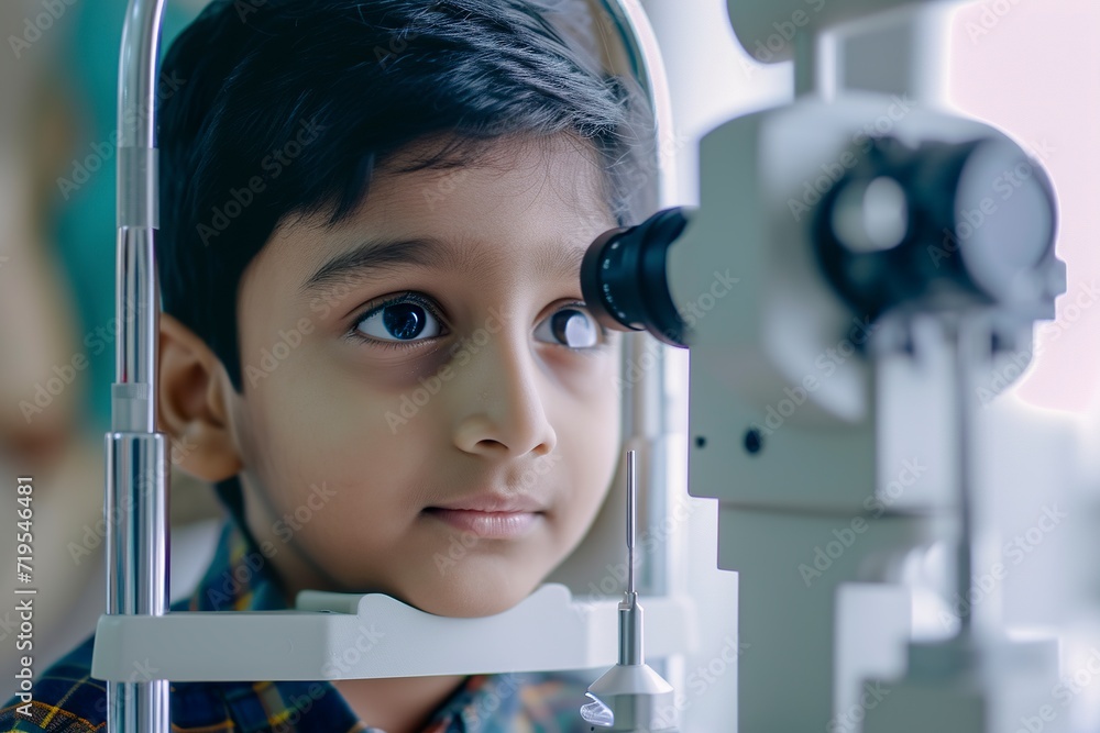 Portrait of an Asian child undergoing a careful vision assessment ...