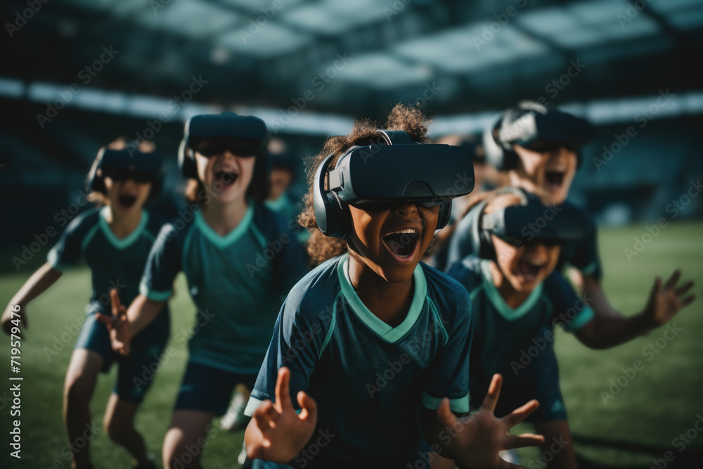 group of kids in a stadium setting wear VR headsets, experiencing a ...