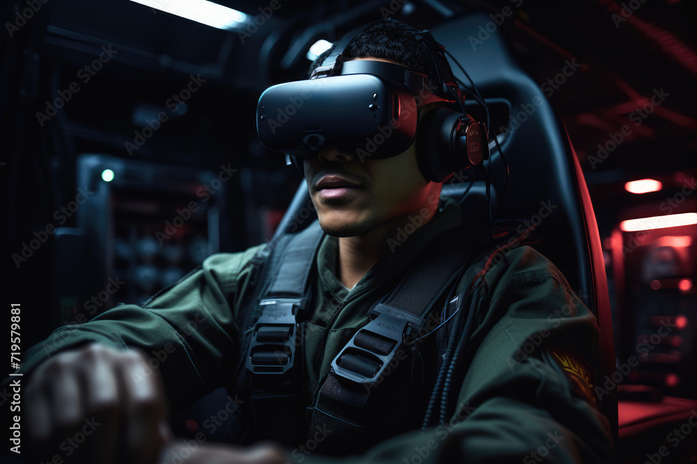 military personnel in full gear is immersed in a virtual reality ...