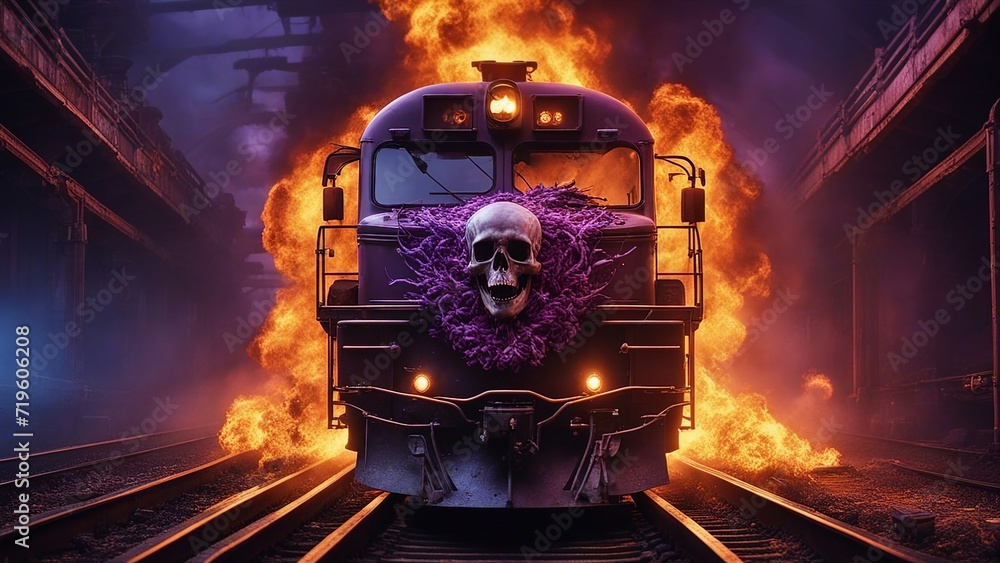 train on the rails burning, exploding, skull Train with a skull a ...