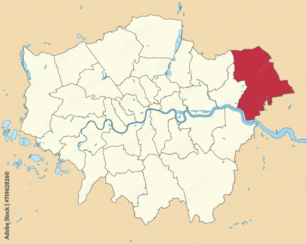 Red flat blank highlighted location map of the BOROUGH OF HAVERING ...