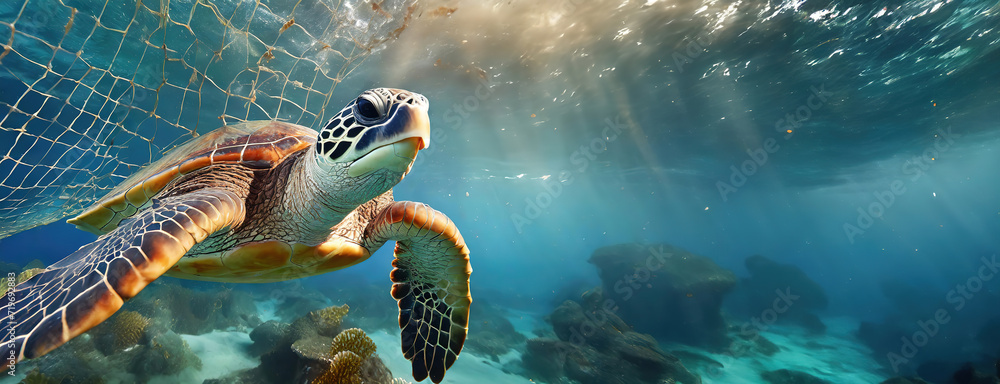 Sea turtle entangled in a fishing net underwater. Endangered turtle ...