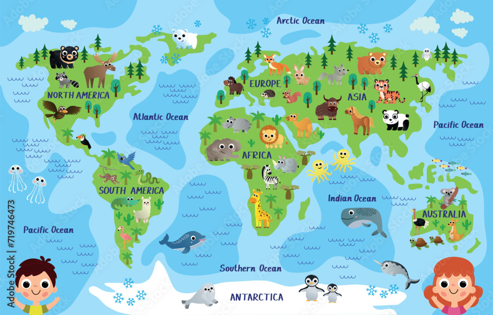 Childrens world map with animals. Charming map for kids with different ...