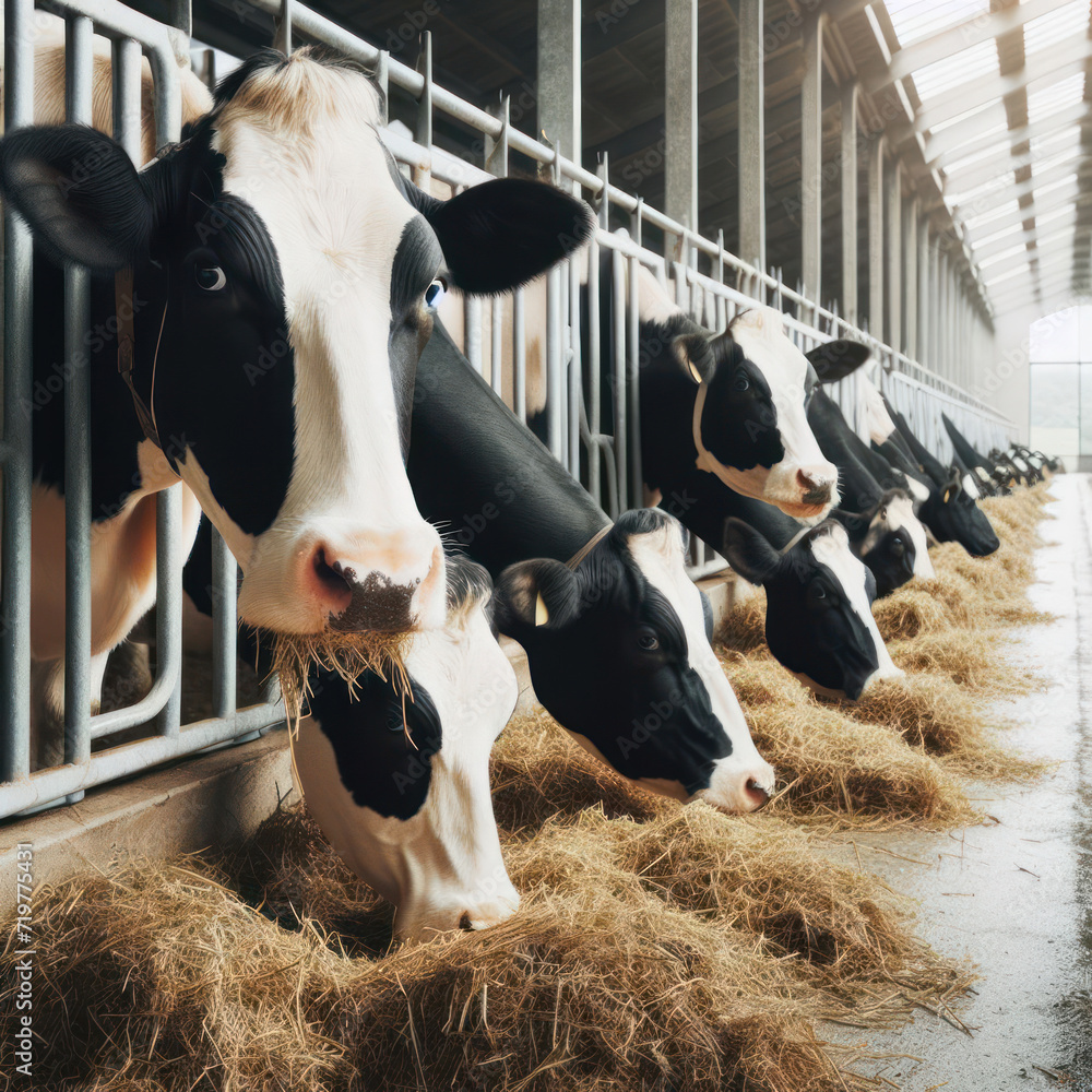 Cows, Group of cows at cowshed eating hay or fodder on dairy farm, vacas en el establo, коровы в ...