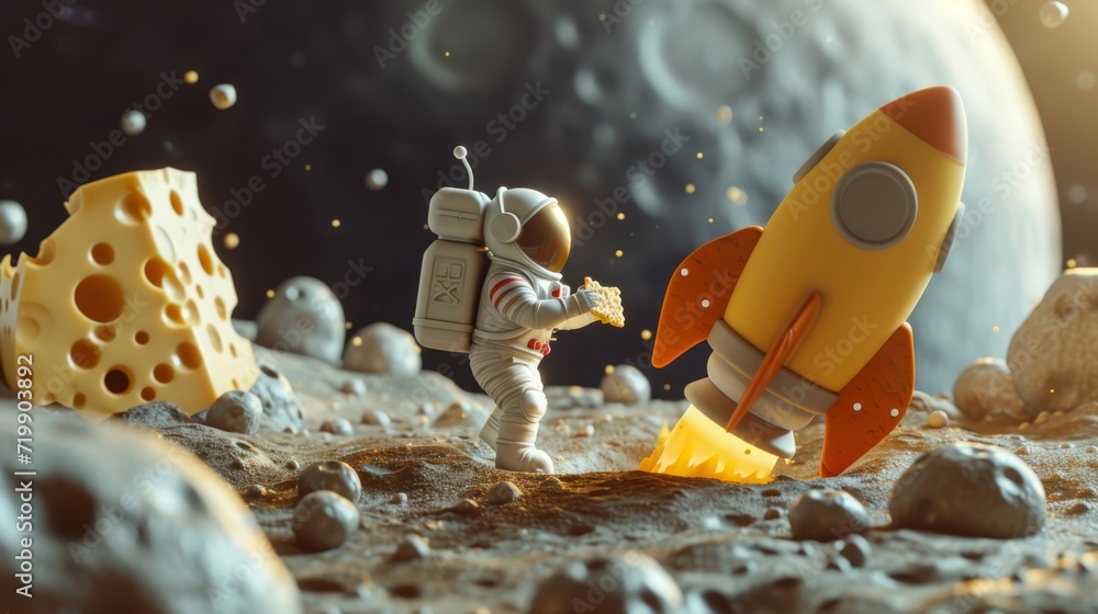 Cartoon scene of tiny astronauts discovering a lunar crater filled with ...