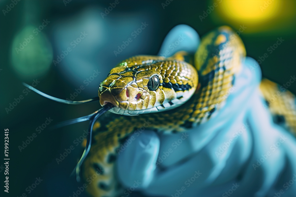Extracting venom from snakes in laboratory, for medical research ...