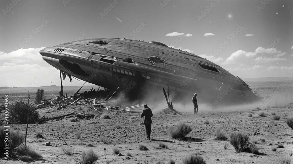 A 1950s black and white photograph depicting two men standing in front of a crashed flying ...