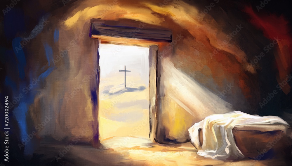 Easter Jesus Christ rose from the dead. Sunday morning. Dawn. The empty tomb in the background ...