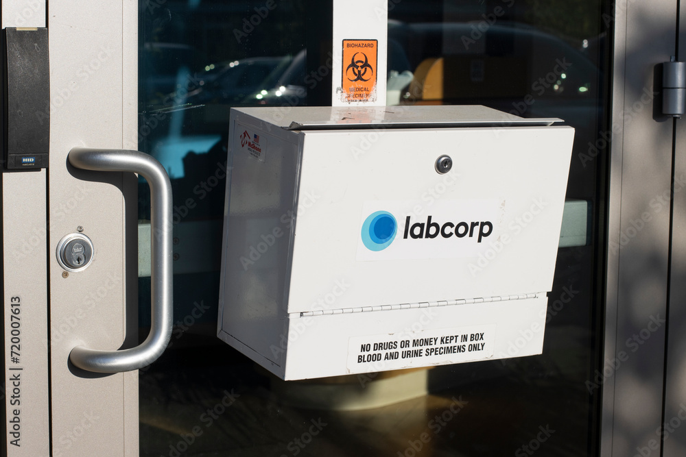 Tigard, OR, USA - May 14, 2023: A Labcorp drop box for blood and urine ...