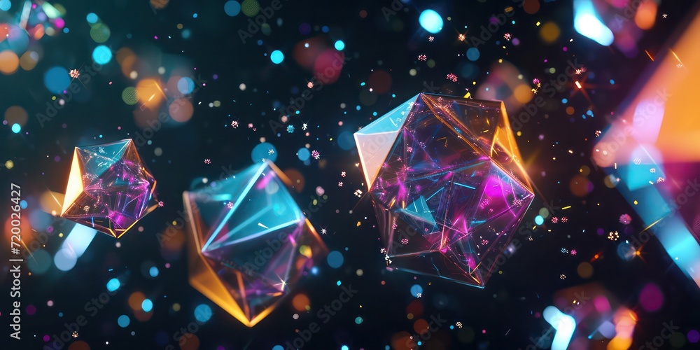 Holographic representation featuring geometric shapes suspended in a ...