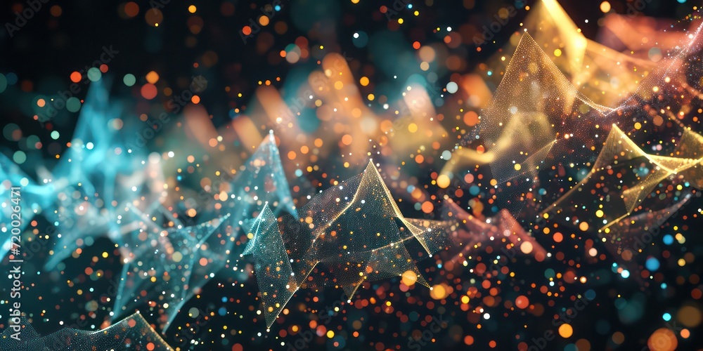 Holographic representation featuring geometric shapes suspended in a ...