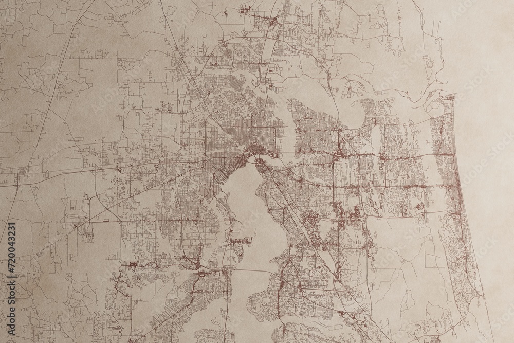 Map of Jacksonville (Florida, USA) on an old vintage sheet of paper ...