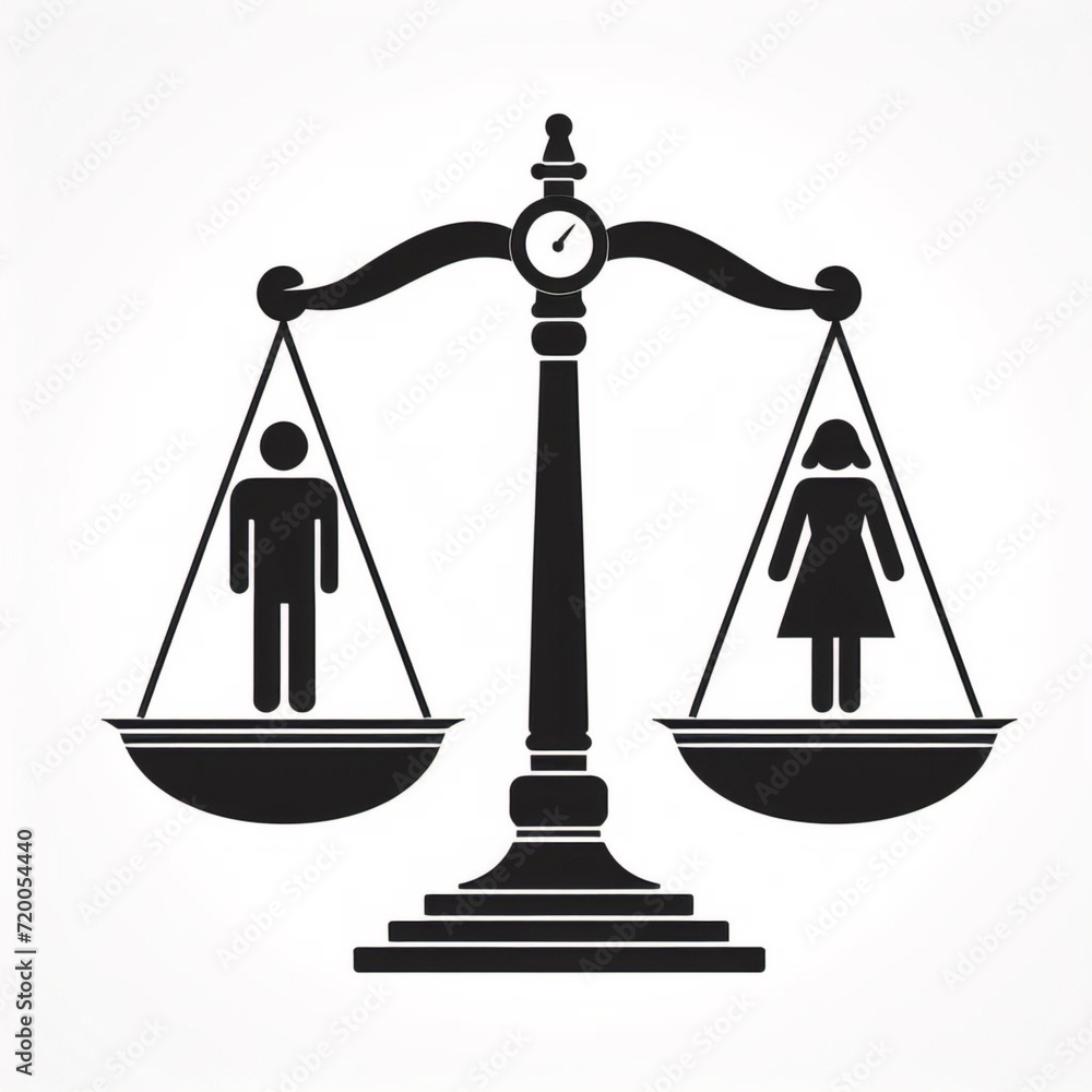 Equal male and female tiny employees standing on balance scale. Vector illustration for gender ...