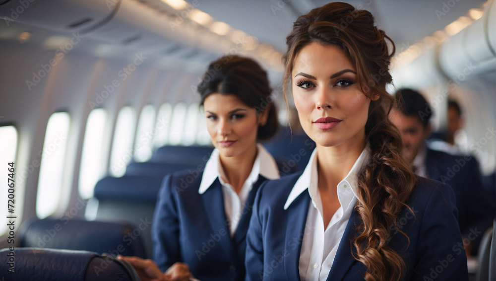 Crew members pose for photos inside aircraft. Beautiful female flight ...
