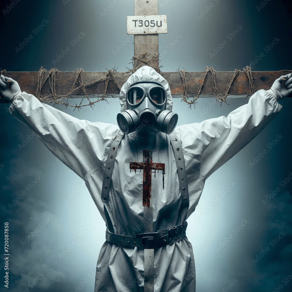 Jesus in a gas mask crucified on the cross Stock Illustration | Adobe Stock