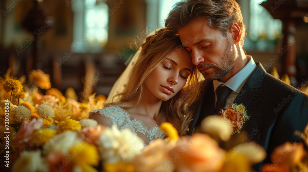 Sad, funeral and flowers with couple and coffin in church for death ...