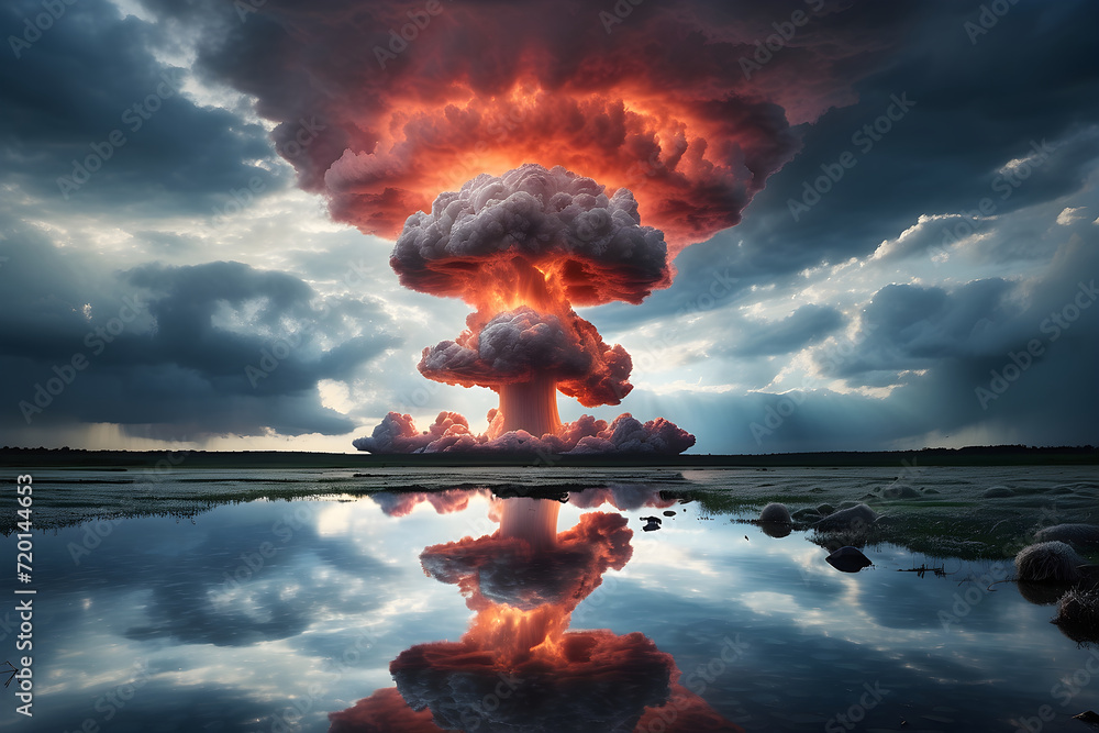 Fiery Sky and Clouds in Nature's Inferno. Colossal mushroom cloud rises over a reflective water ...