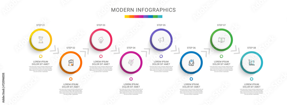 Business vector infographics with 8 circles and arrows. Timeline ...