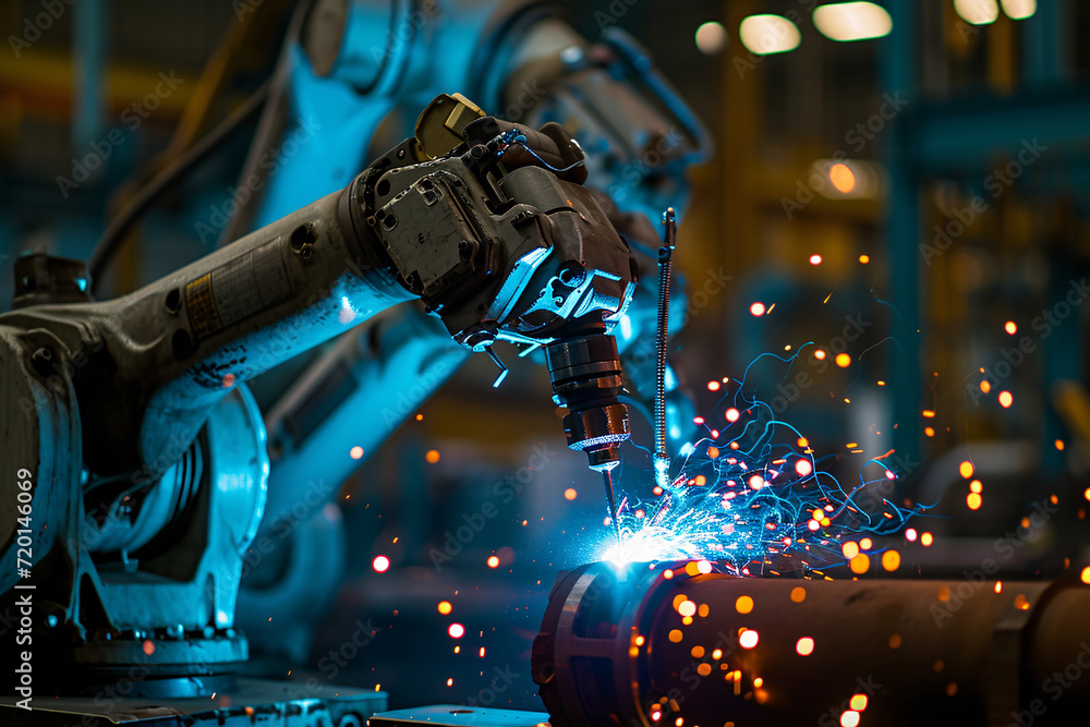 Industrial robot working on factory assembly line, 3D rendering of ...