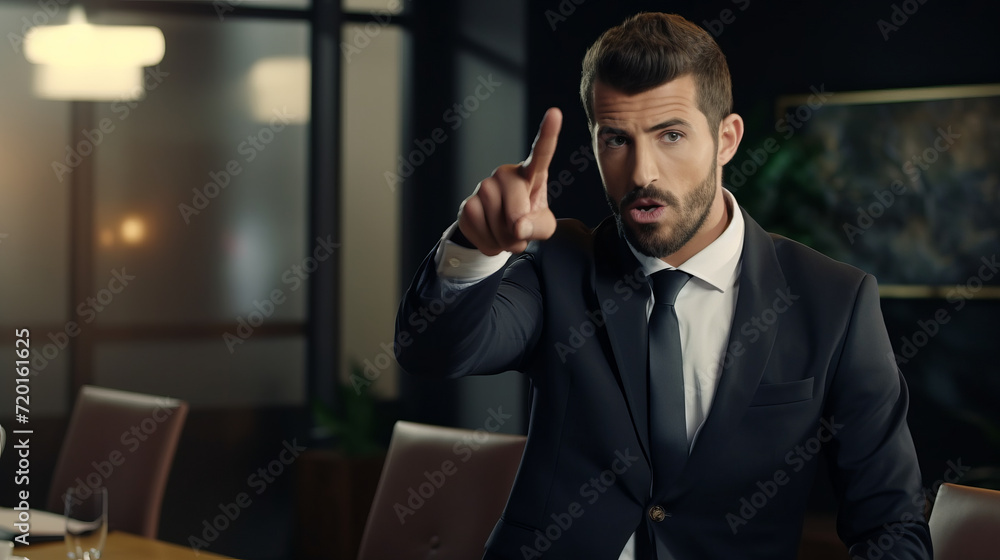 Man manager wearing a suit get angry in office meeting room pointing ...