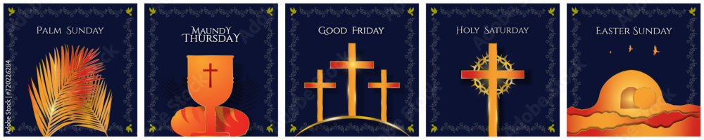 Aesthetic Holy Week Greeting Cards. Set of Palm Sunday, Maundy Thursday ...