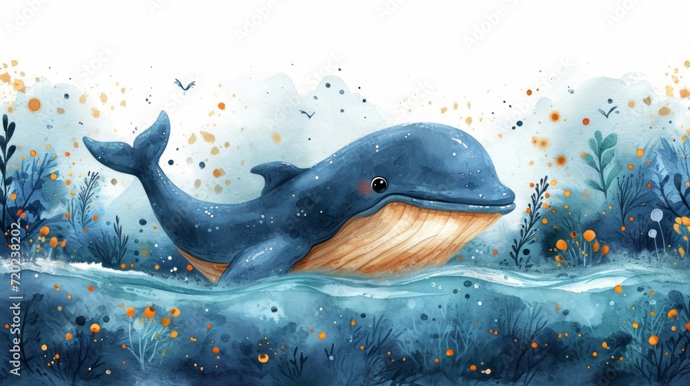 Cute whale watercolor illustration. Watercolor painting of whale. Clip art composition of ...
