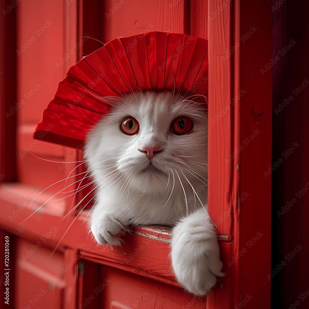 cute innocent white cat celebrating chinese new year festival, in ...