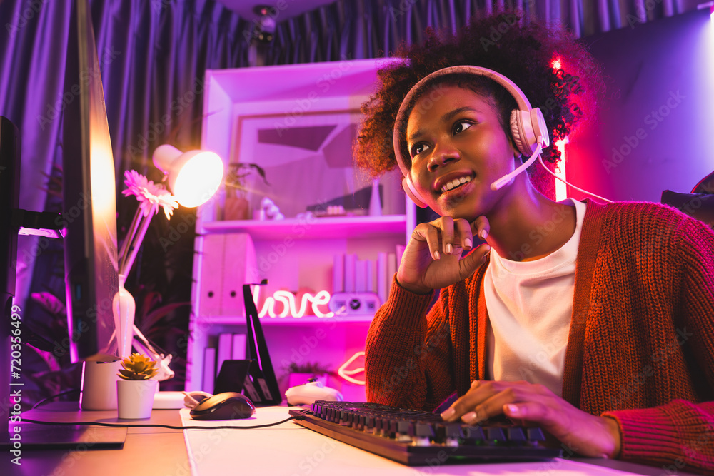 Host channel of gaming streamer, African girl wining with Esport ...