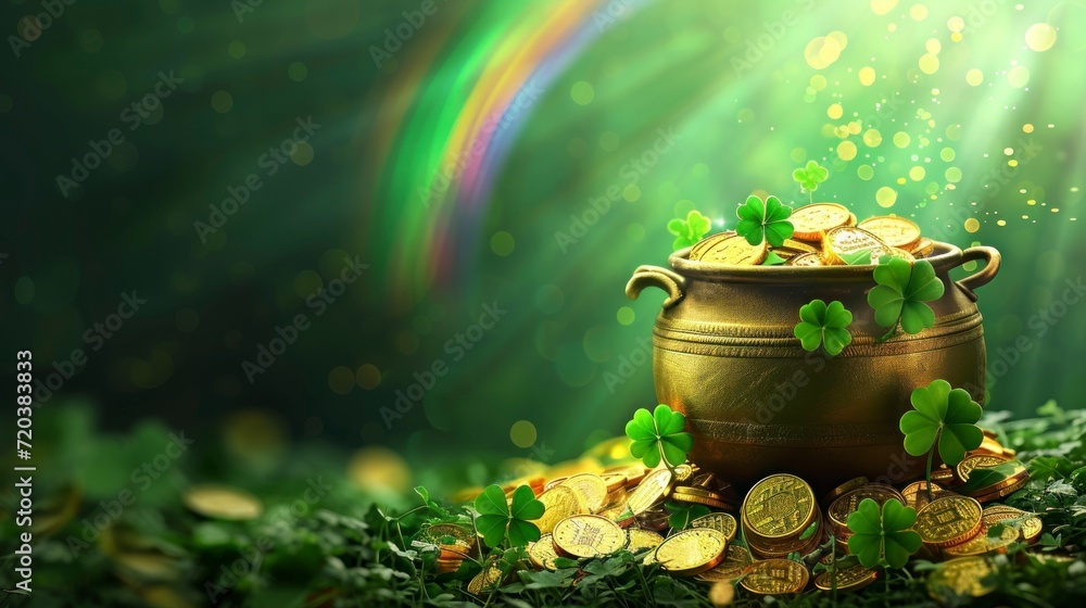 St Patrick's day gold pot with green background and real shiny gold ...
