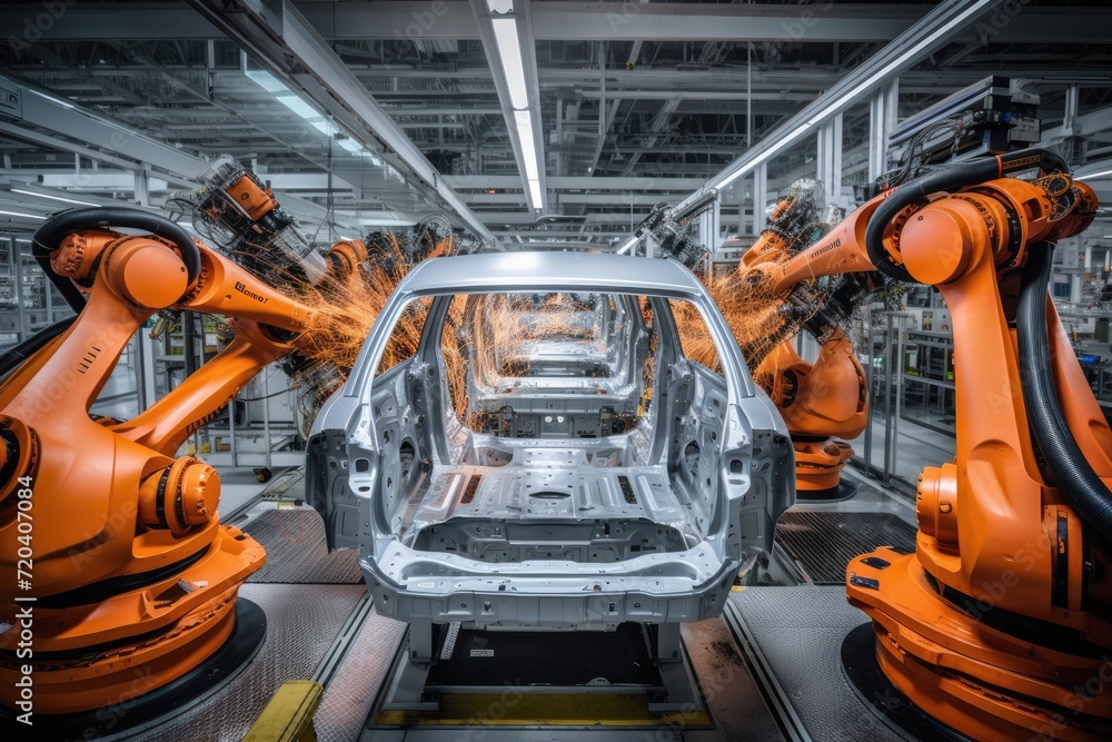 A photo depicting an assembly line where robotic arms are diligently ...