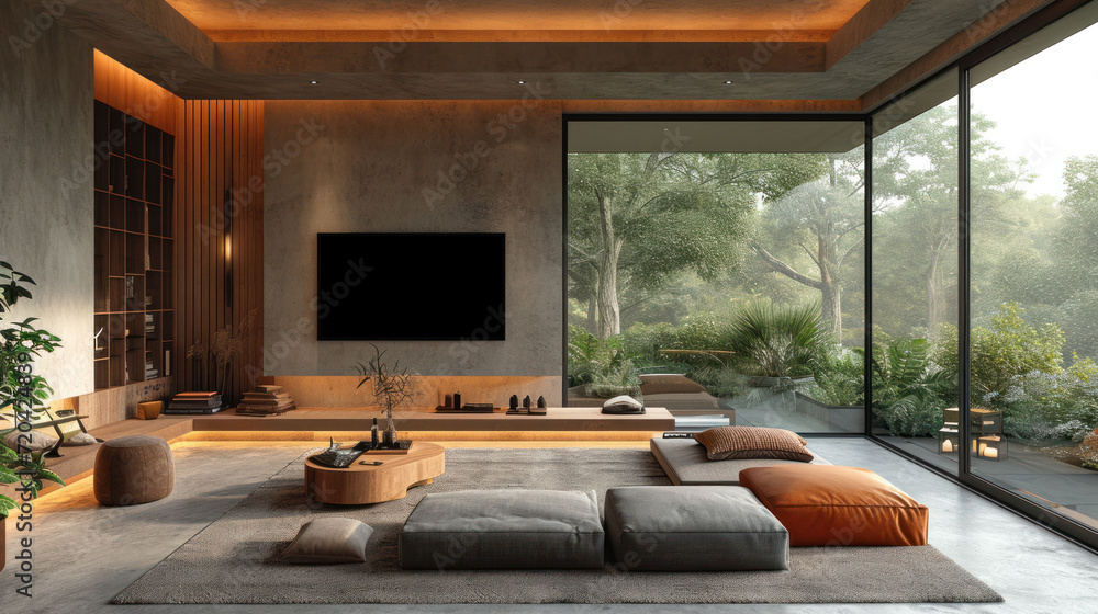 minimalist living room interior with TV console. Design the space with ...