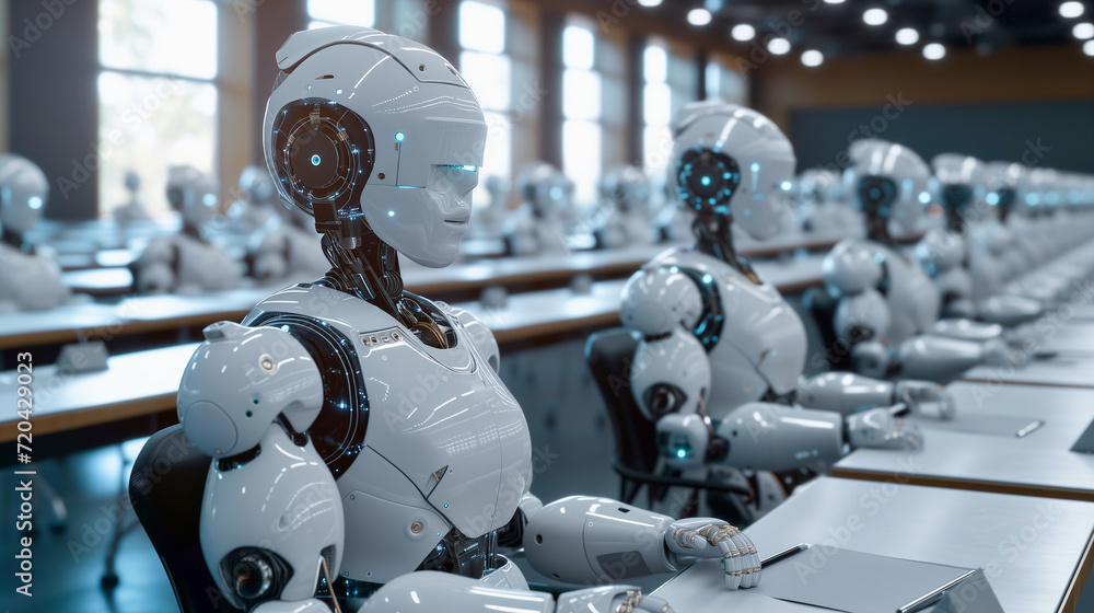 Many android robots sit in the classroom or conference venue. Machine ...