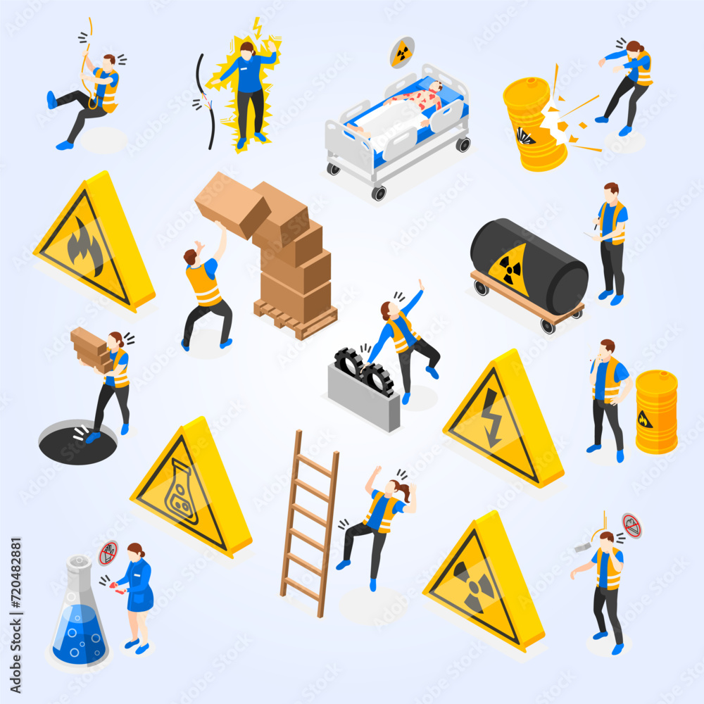 safety precaution workplace isometric icons set isolated vector ...