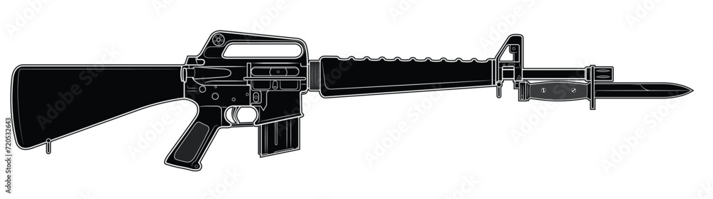 Vector illustration of M16 assault carbine with bayonet. Black. Right ...