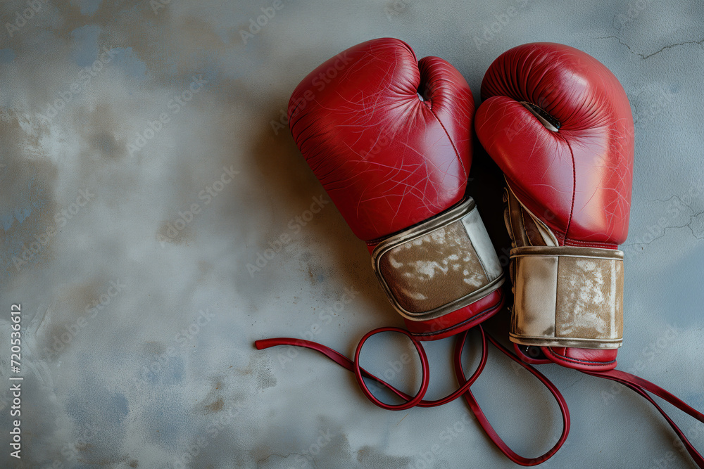 Rocky Balboas red boxing gloves on a concrete floor. Background image ...