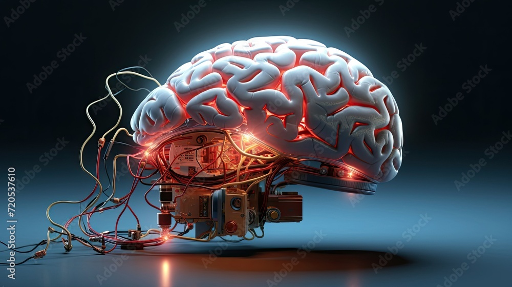 Brain wired to computer. Cyber future and artificial intelligence ...