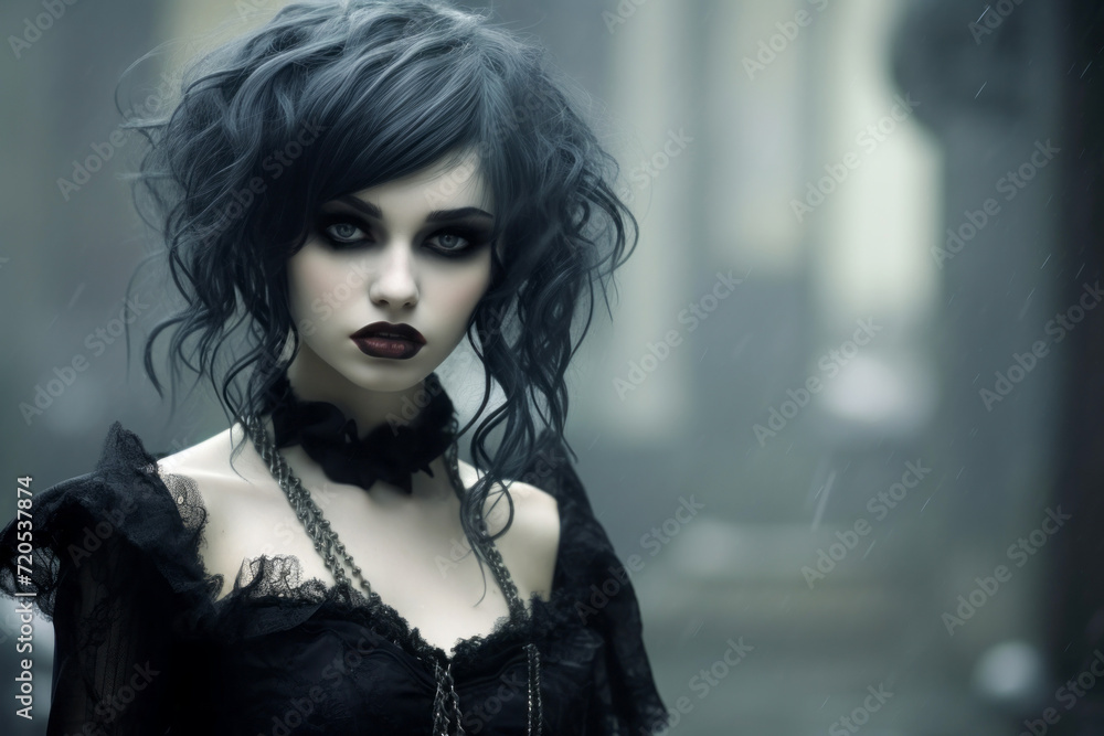 goth girl in black clothes, with black hair and dark makeup. youth ...