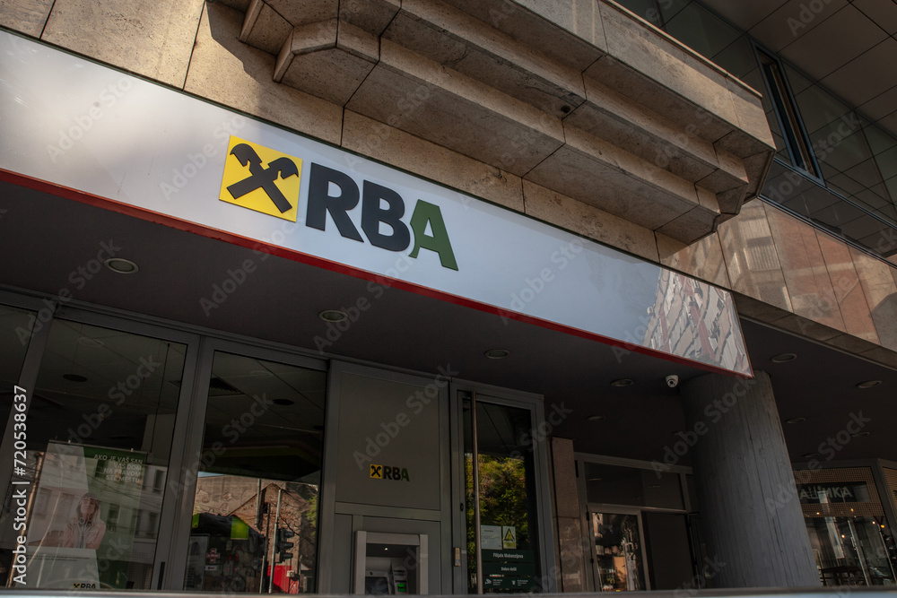 Picture of a sign with the logo of RBA Banka on their main office for ...