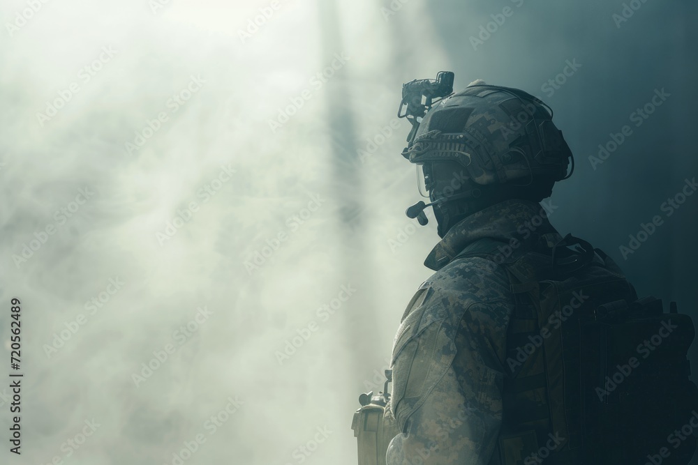 Soldier profile in smoke with light beam. Military operations and ...