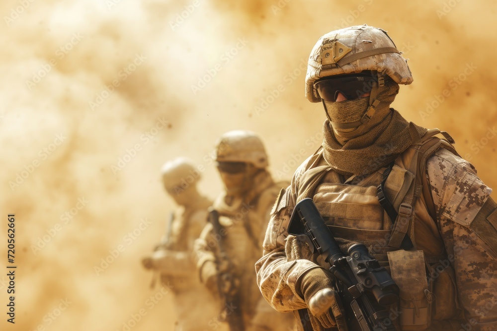 Armed soldier in foreground with squad moving through a dust storm ...