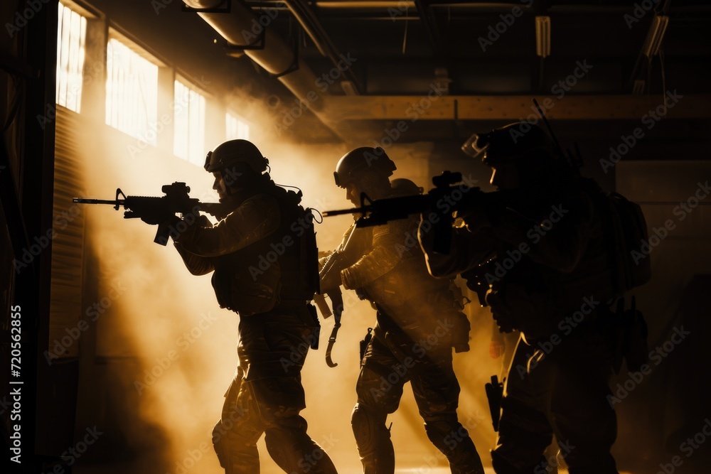 Soldiers in combat firing weapons with smoke. Military operations and ...