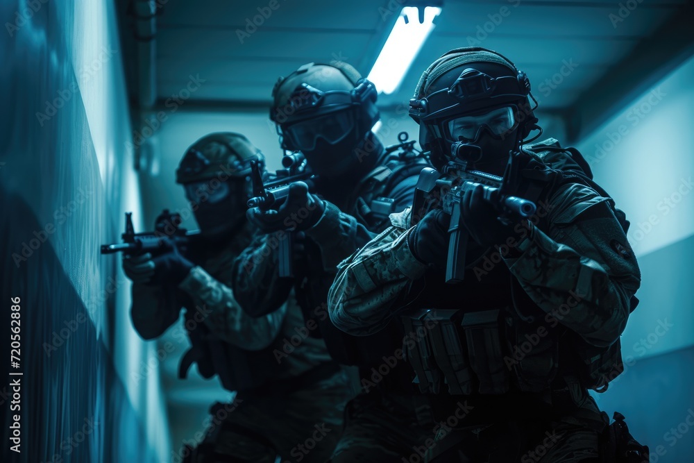 Team of special forces moving through a corridor with tactical ...