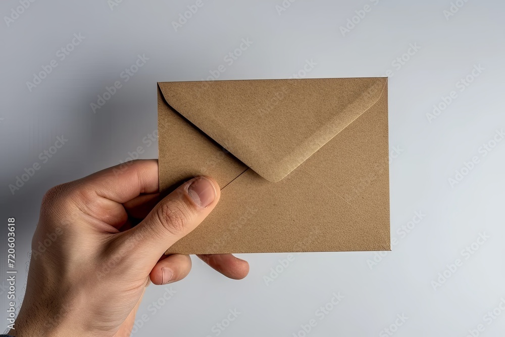 Product still, a men hand holding kraft envelope, front side, white ...