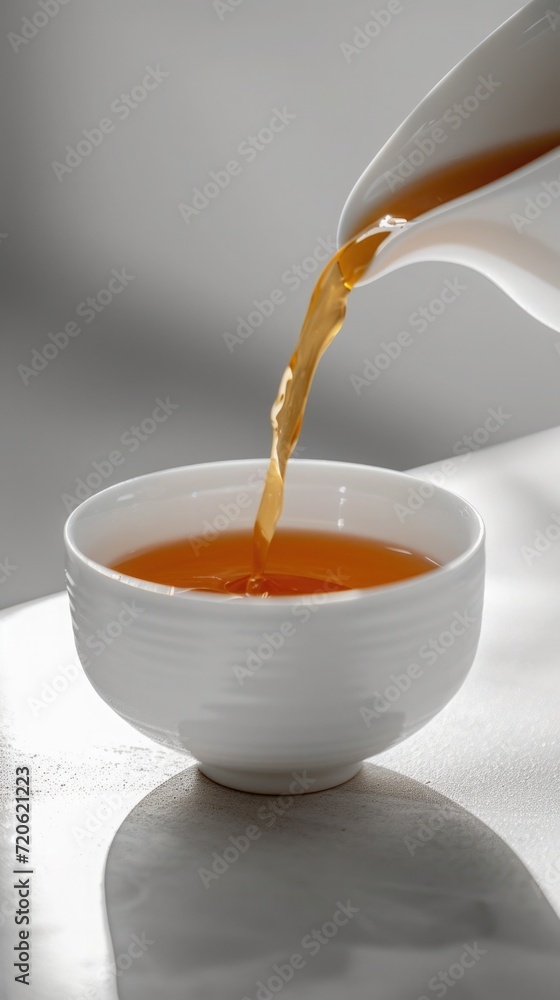 porcelain teapot pours a thin, unbroken stream of amber-colored tea ...