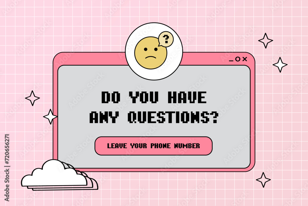 Do you have any questions - popup window. Emoticon sad icon. Retro ...