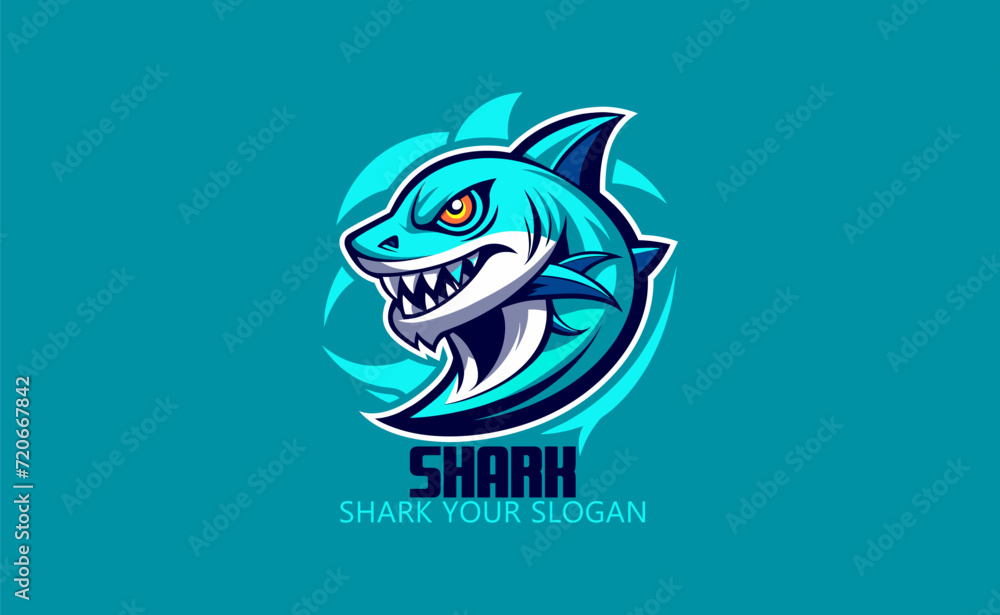 Cute minimalist shark logo, blue shark smiling character mascot icon ...