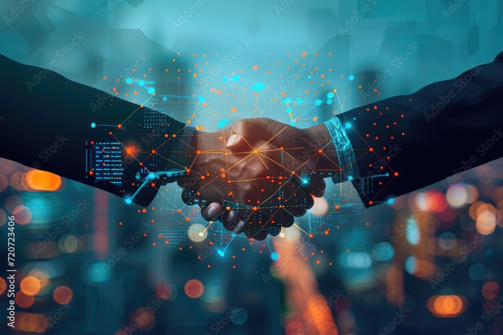 Two professionals shake hands amid digital graphs and colleagues ...