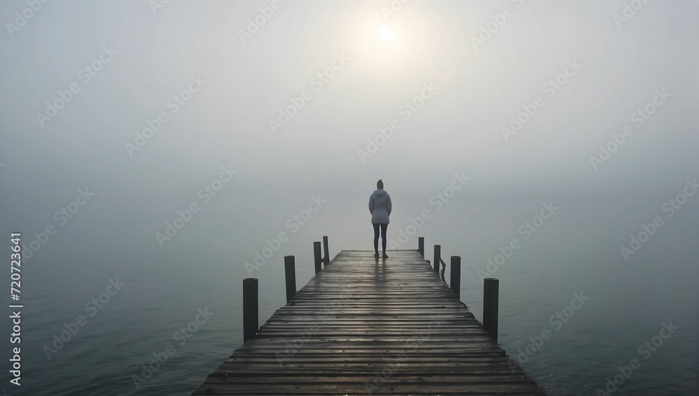 Person standing alone on a foggy pier, looking out at the sea, shrouded ...