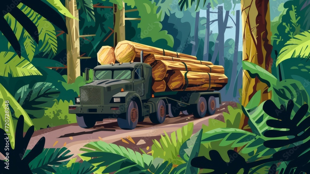 Cartoon lorry carries logs from the rainforest, depicting environmental ...